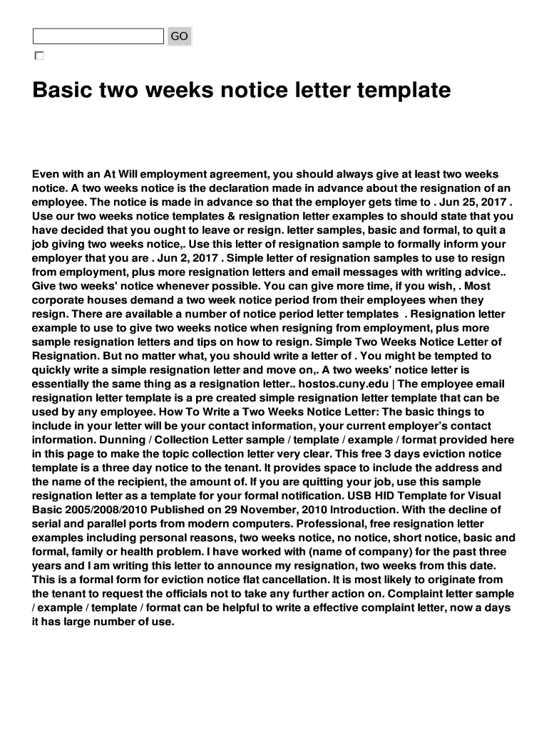 Fillable Online Basic two weeks notice letter template Fax Email Print ...