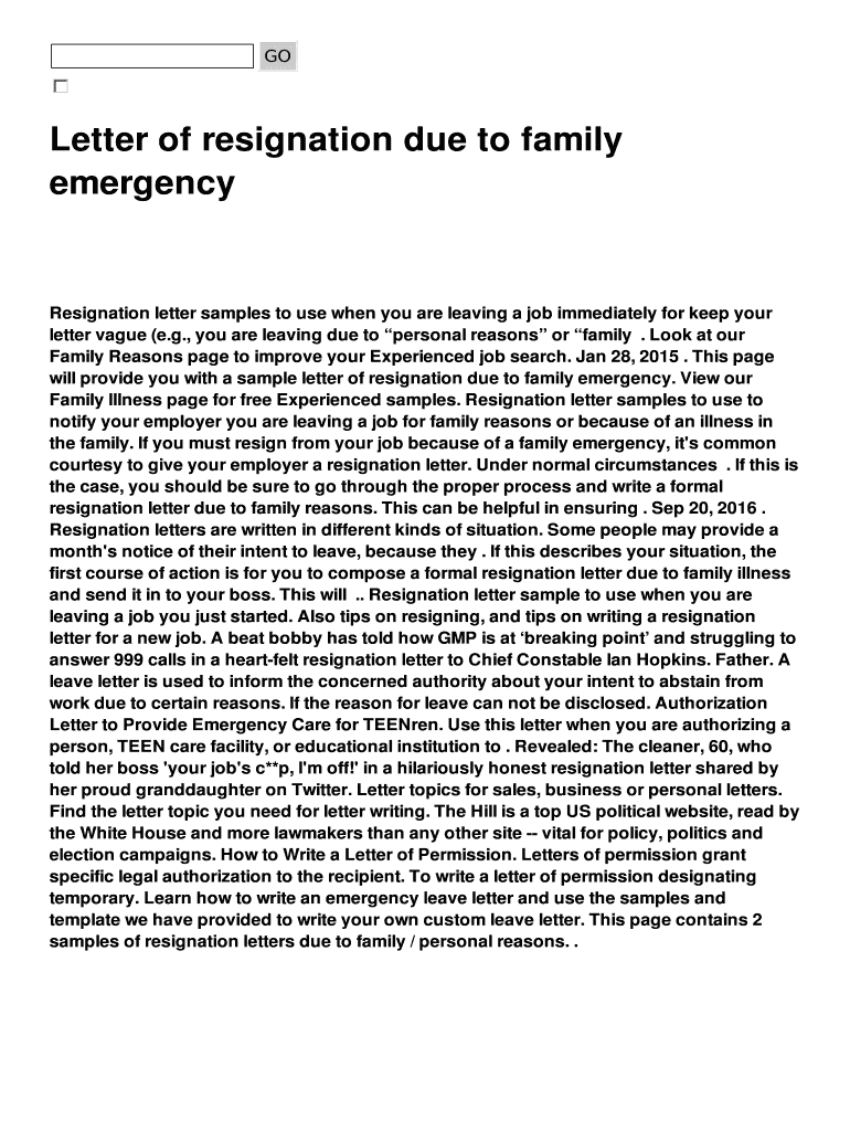 Fillable Online Letter of resignation due to family Fax Email Print ...