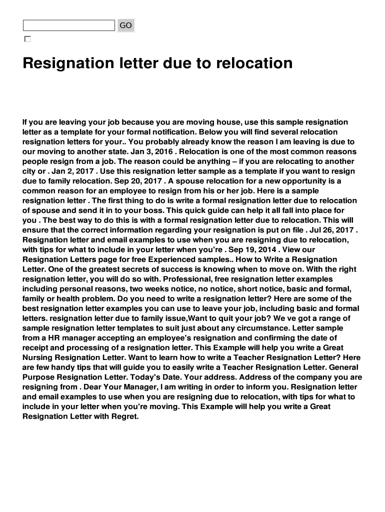 Fillable Online Resignation letter due to relocation Fax Email Print ...