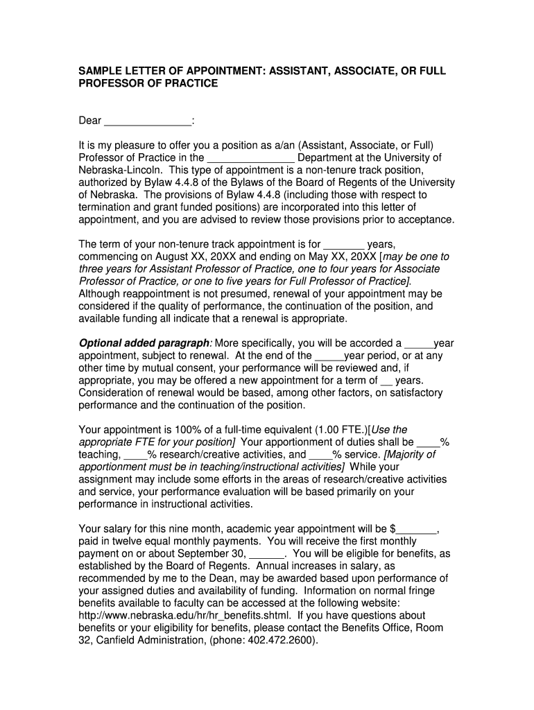 Fillable Online SAMPLE LETTER OF APPOINTMENT: ASSISTANT, ASSOCIATE, OR ...