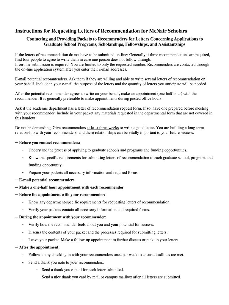 Fillable Online Instructions for Requesting Letters of Recommendation for McNair Scholars Fax ...