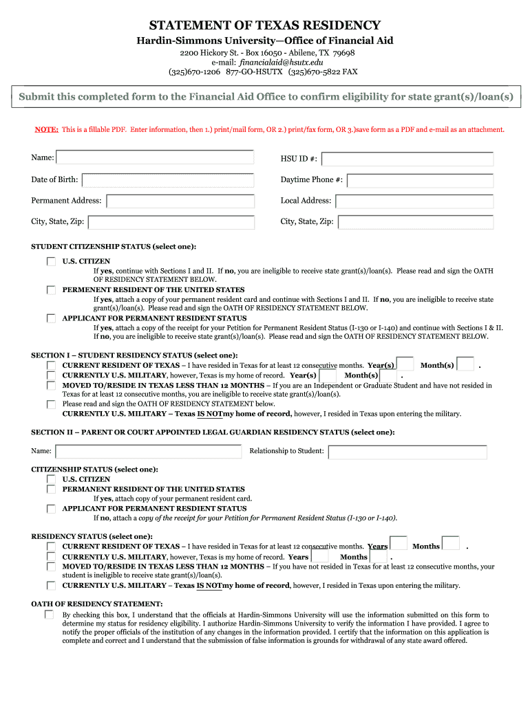 Fillable Online STATEMENT OF TEXAS RESIDENCY Fax Email Print - pdfFiller