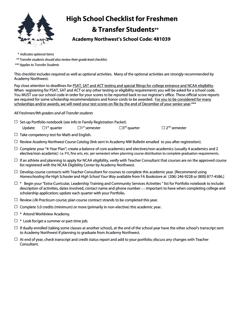 Fillable Online High School Checklist for Freshmen Fax Email Print ...