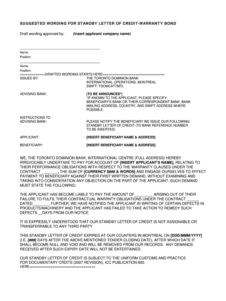 Fillable Online SUGGESTED WORDING FOR STANDBY LETTER OF CREDIT-WARRANTY ...