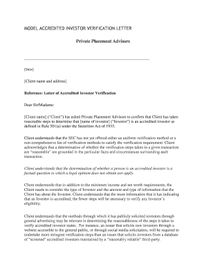 Fillable Online MODEL ACCREDITED INVESTOR VERIFICATION LETTER Fax Email ...