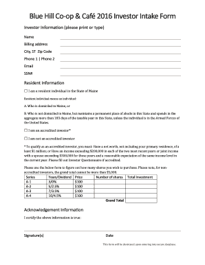 Fillable Online Blue Hill Co-op & Caf 2016 Investor Intake Form Fax ...