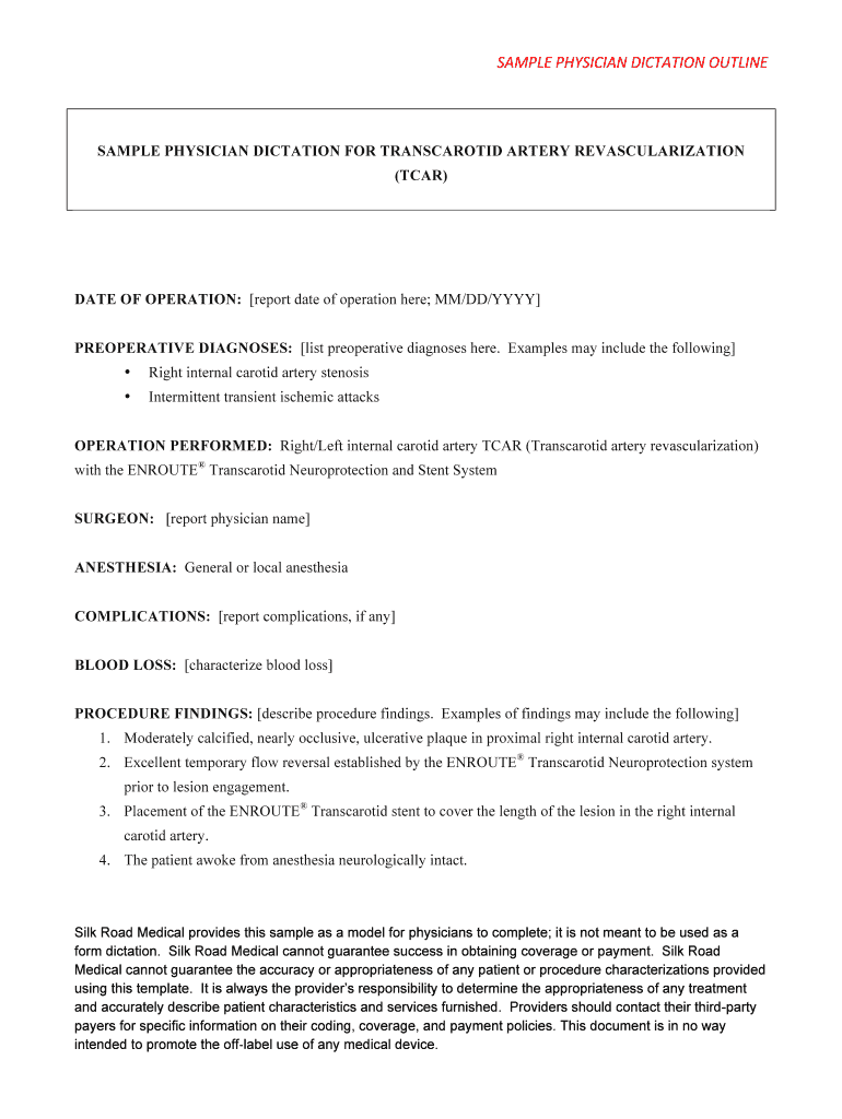 Fillable Online SAMPLE PHYSICIAN DICTATION FOR TRANSCAROTID ARTERY ...