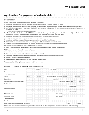 Fillable Online Application for payment of a death claim - Momentum Fax ...