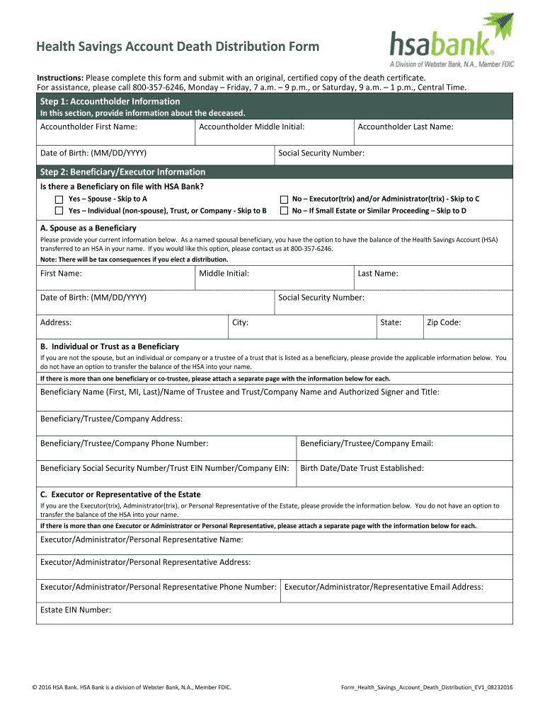Fillable Online Health Savings Account Death Distribution Form Fax ...