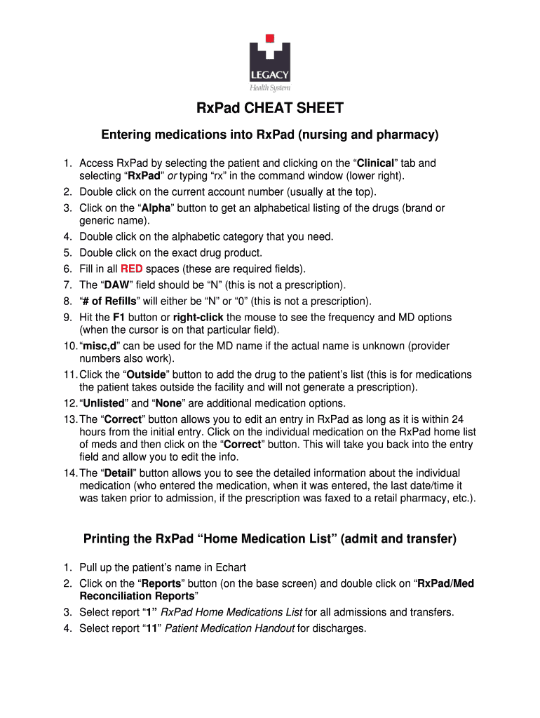 Fillable Online RxPad CHEAT SHEET Fax Email Print - pdfFiller