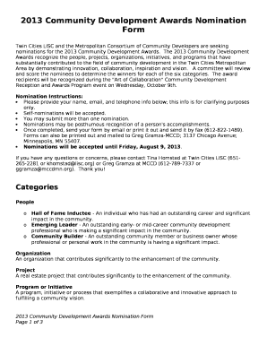 2013 Community Development Awards Nomination Doc Template | pdfFiller