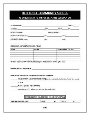 Fillable Online RE-ENROLLMENT FORM FOR 2017-2018 SCHOOL YEAR Fax Email ...