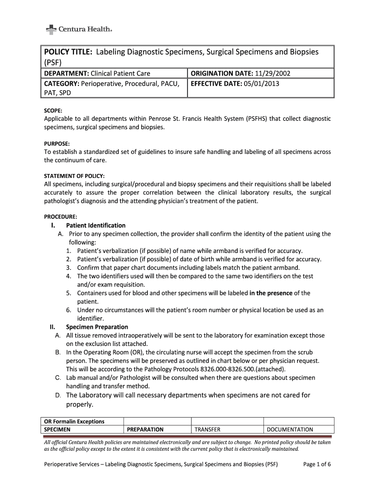 Fillable Online POLICY TITLE: Labeling Diagnostic Specimens, Surgical ...