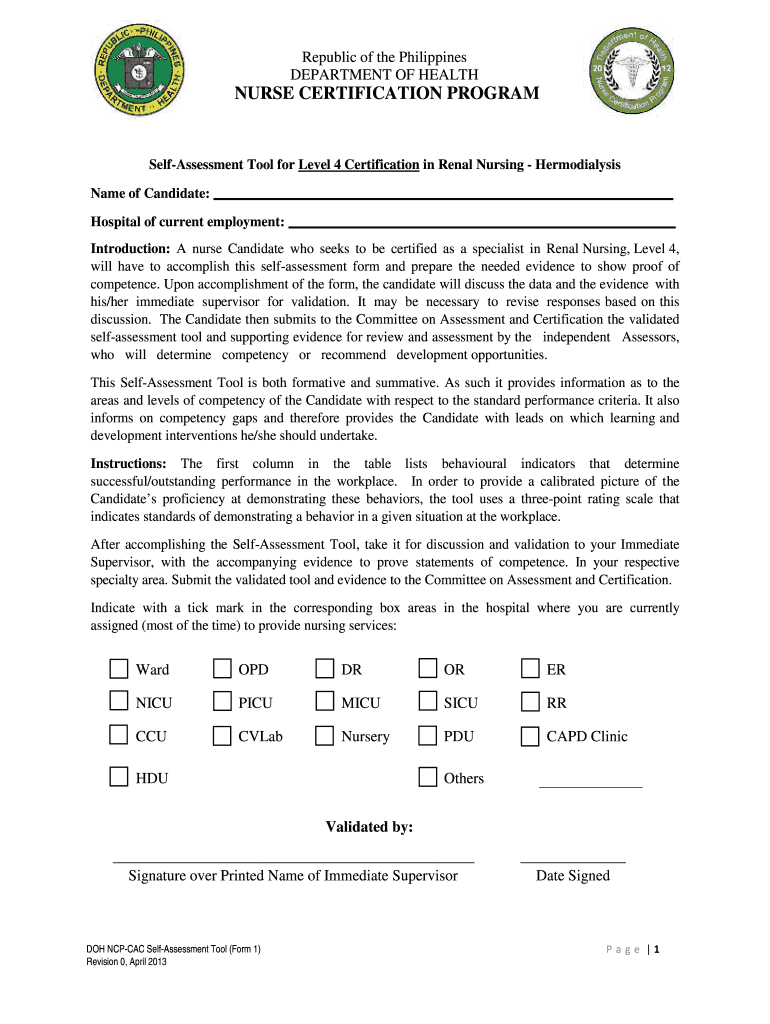 Fillable Online Self-Assessment Tool for Level 4 Certification in Renal Nursing - Hermodialysis ...