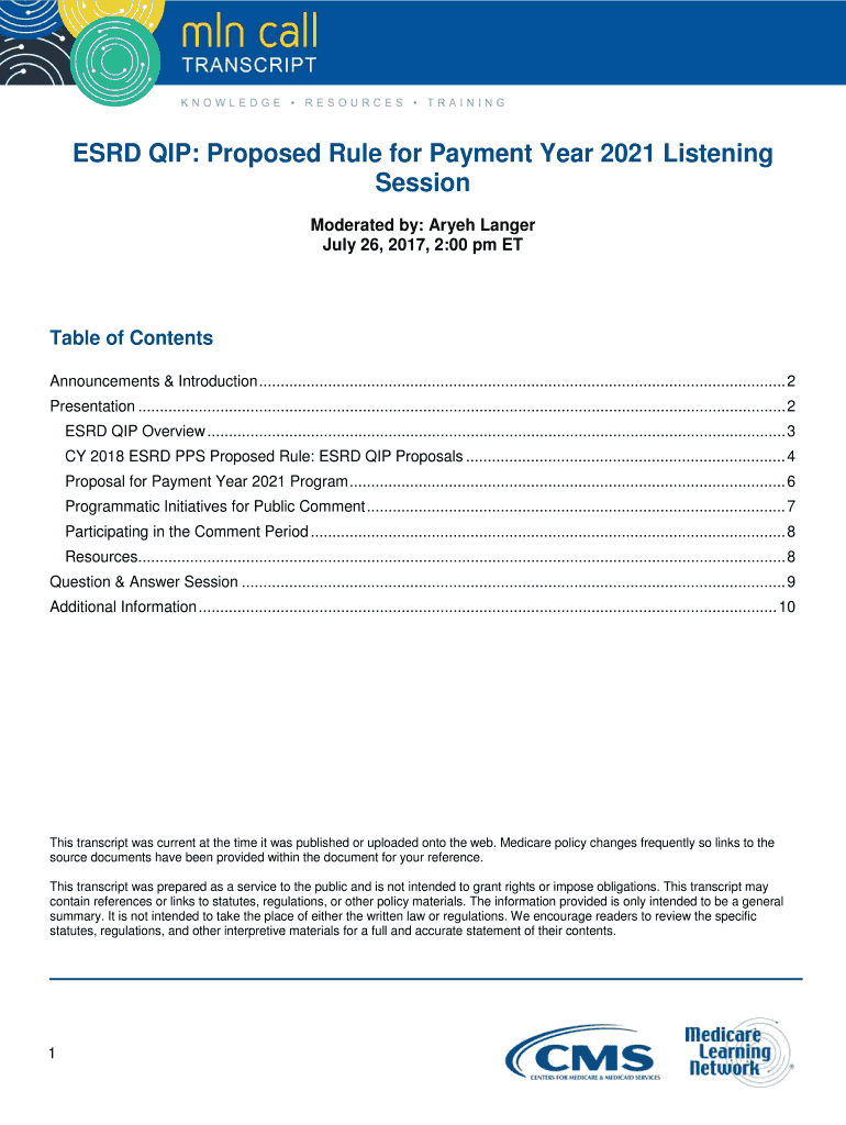 Fillable Online ESRD QIP: Proposed Rule for Payment Year 2021 Listening ...
