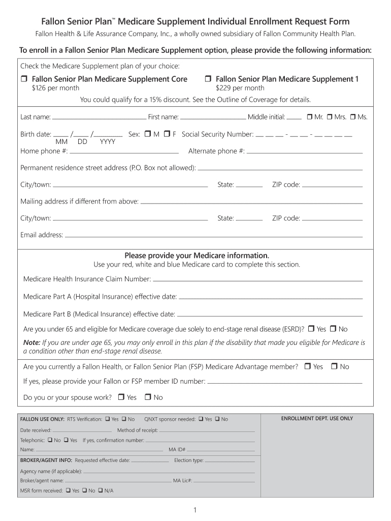 Fillable Online Fallon Senior Plan Medicare Supplement Individual ...