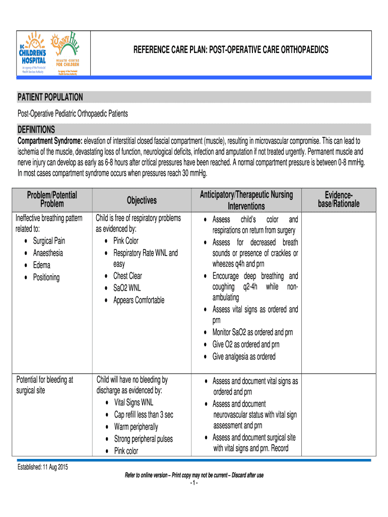 Fillable Online REFERENCE CARE PLAN: POST-OPERATIVE CARE ORTHOPAEDICS ...