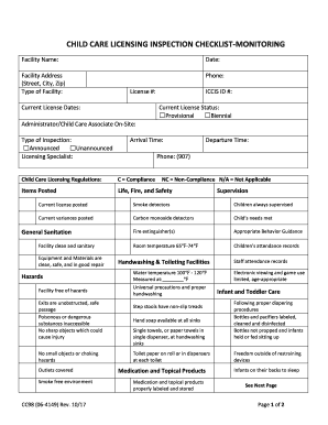 Fillable Online CHILD CARE LICENSING INSPECTION CHECKLIST-MONITORING ...