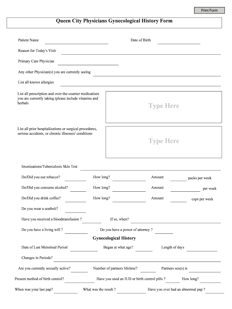 Fillable Online Queen City Physicians Gynecological History Form Fax ...