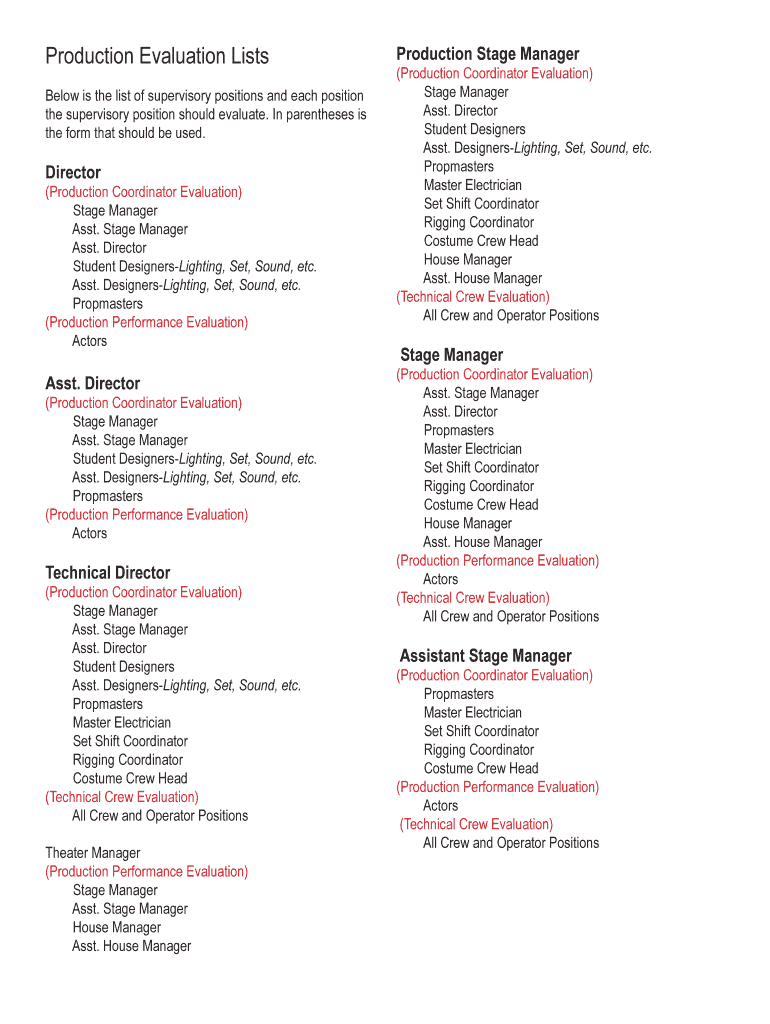 Fillable Online Production Evaluation Lists Fax Email Print - pdfFiller