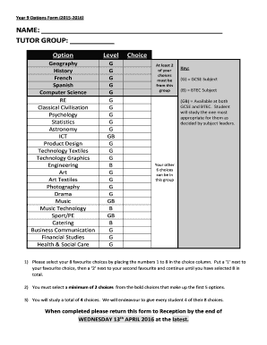 Fillable Online Year 9 Options Form (2015-2016) Fax Email Print - pdfFiller