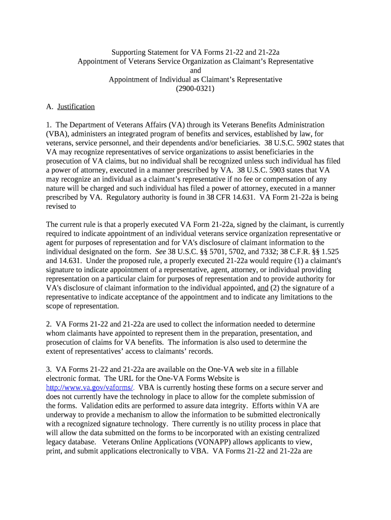 Supporting Statement for VA s 21-22 and 21-22a Doc Template | pdfFiller