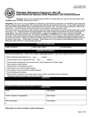 Personal Documents Checklist- Age 18 Doc Template | pdfFiller