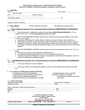 NEW MEXICO PASRR LEVEL I IDENTIFICATION SCREEN Doc Template | pdfFiller