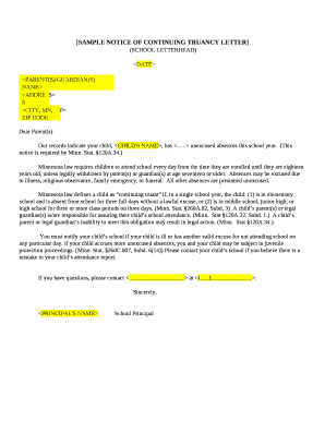 SAMPLE NOTICE OF CONTINUING TRUANCY LETTER Doc Template | pdfFiller