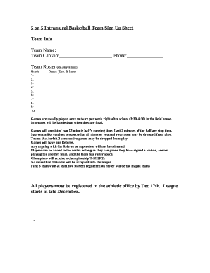 5 on 5 Intramural Basketball Team Sign Up Sheet Doc Template | pdfFiller
