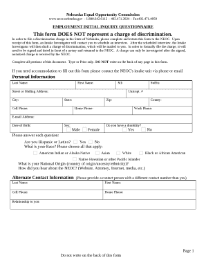 EMPLOYMENT INITIAL INQUIRY QUESTIONNAIRE Doc Template | pdfFiller