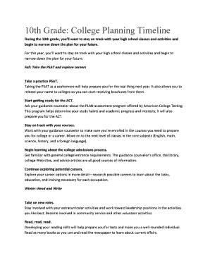 Fillable Online 10th Grade: College Planning Timeline Fax Email Print ...