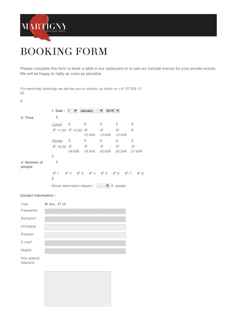 Fillable Online Please complete this form to book a table in our ...