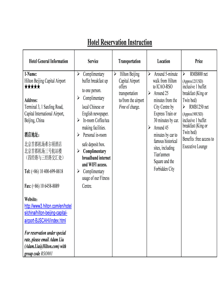 Fillable Online Hotel Reservation Instruction Fax Email Print - pdfFiller