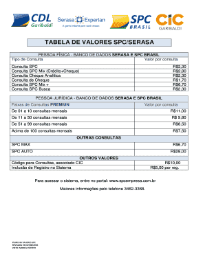 Fillable Online TABELA DE VALORES SPC/SERASA Fax Email Print - pdfFiller