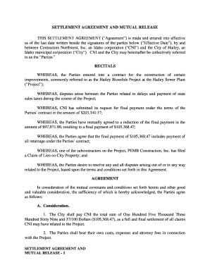 Fillable Online THIS SETTLEMENT AGREEMENT (Agreement) is made and ...