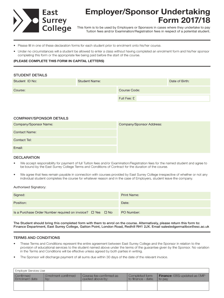 Fillable Online Employer/Sponsor Undertaking Fax Email Print - pdfFiller