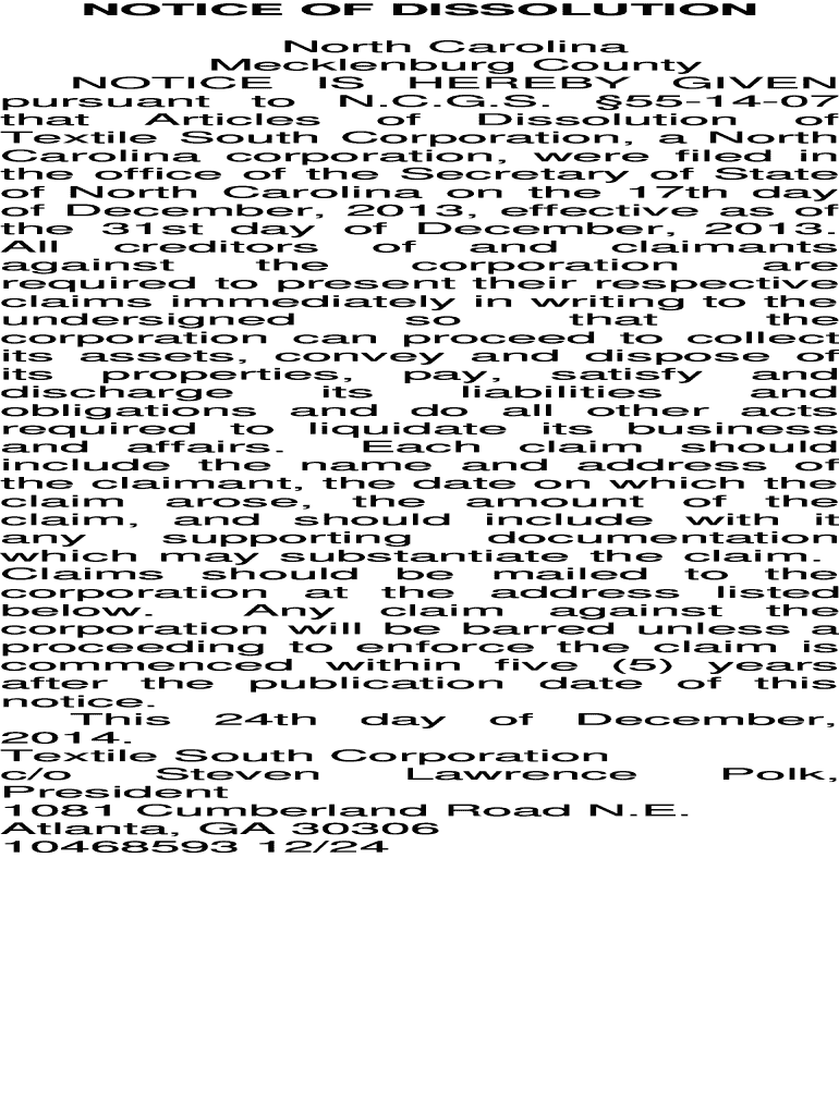 Fillable Online that Articles of Dissolution of Fax Email Print - pdfFiller