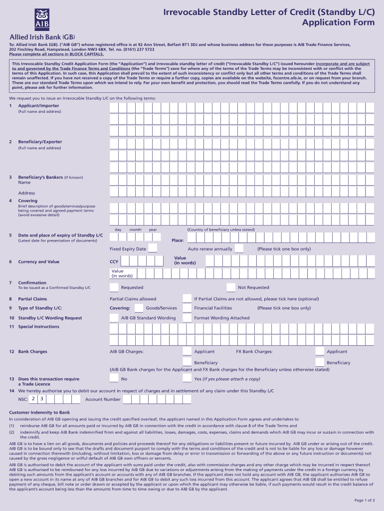 Fillable Online Irrevocable Standby Letter of Credit (Standby L/C) Fax ...