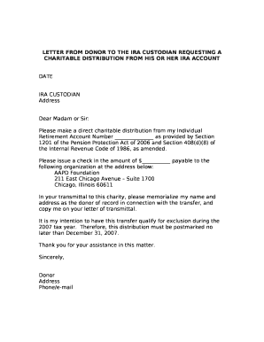 LETTER FROM DONOR TO THE IRA CUSTODIAN REQUESTING A CHARITABLE ...
