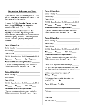 Dependent Ination Sheet Doc Template | pdfFiller