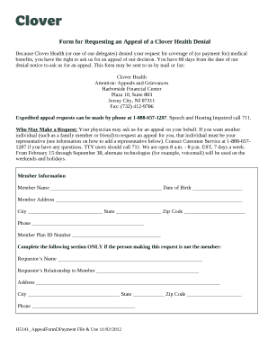 for Requesting an Appeal of a Clover Health Denial Doc Template | pdfFiller