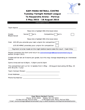 kapi mana netball Doc Template | pdfFiller