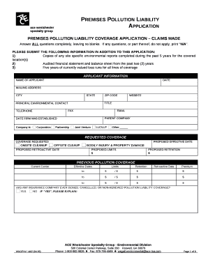PREMISES POLLUTION LIABILITY COVERAGE APPLICATION CLAIMS MADE Doc ...