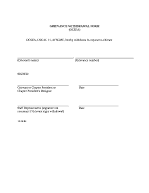 GRIEVANCE WITHDRAWAL Doc Template | pdfFiller