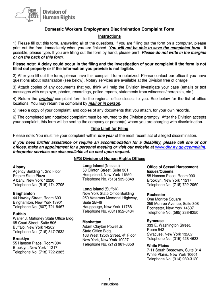 Fillable Online Domestic Workers Employment Discrimination Complaint ...