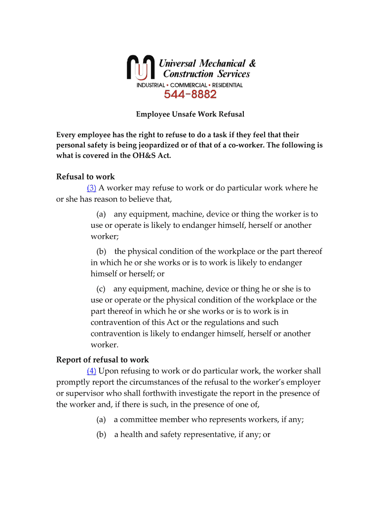 Fillable Online Employee Unsafe Work Refusal Fax Email Print - pdfFiller