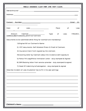MOBILE INSURANCE CLAIM (FOR THEFT CLAIM) Doc Template | pdfFiller