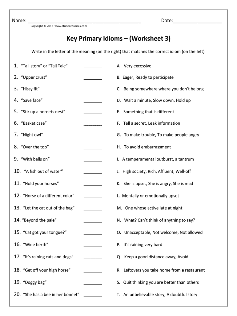 Fillable Online Key Primary Idioms (Worksheet 3) Fax Email Print ...