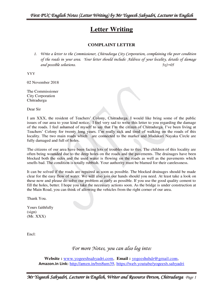 2nd Puc Letter Writing English Pdf Download - Fill Online, Printable ...